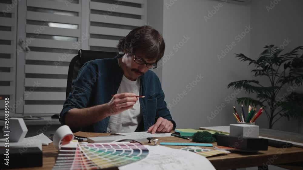 A stylish male architect is working on creating a project. The ...