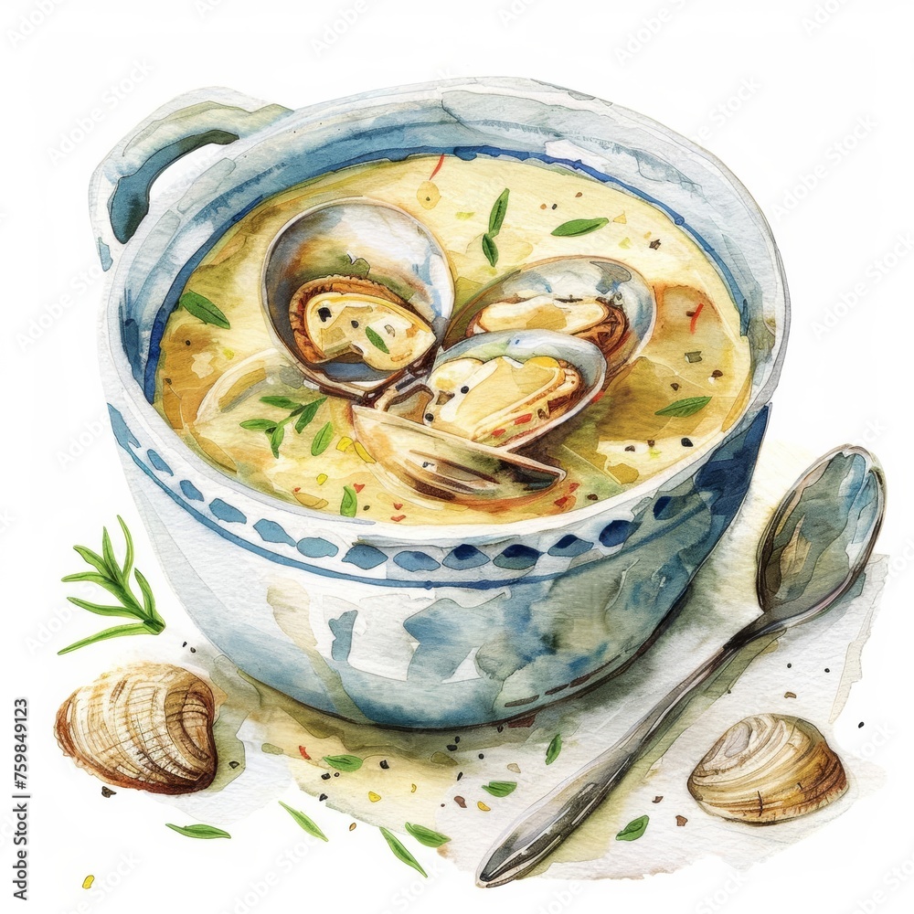 Watercolor illustration of a bowl of clam chowder with herbs ...