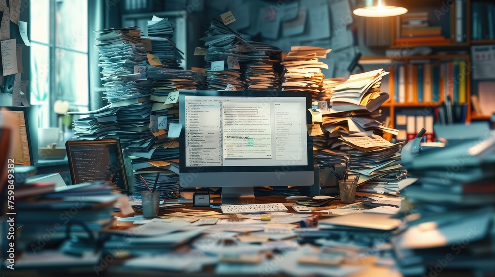 A detailed office, a cluttered desk with a chaotic agenda and a ...