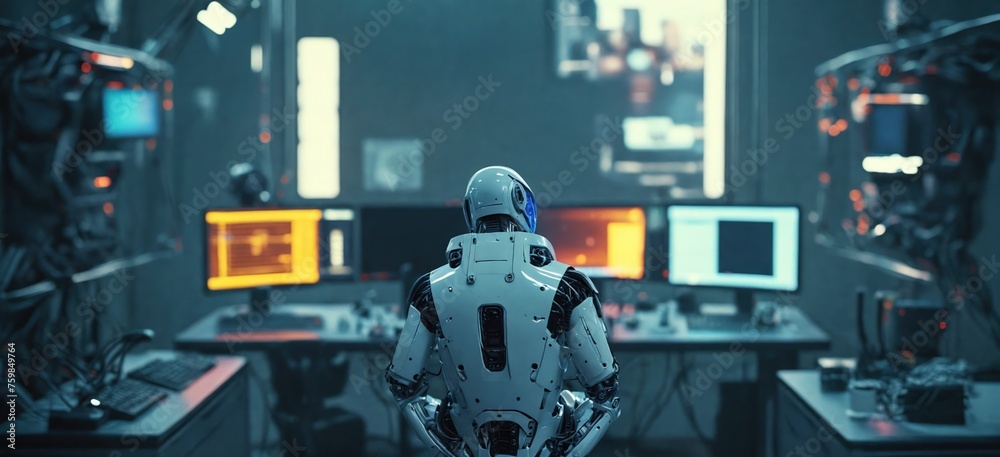 Autonomous robot operates control panel in a futuristic server room ...