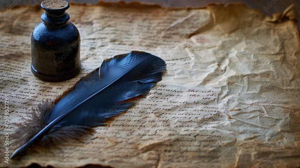 Classic feather pen and inkwell atop an ancient manuscript with elegant ...