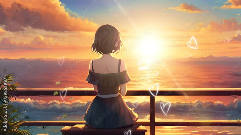 anime girl watching sunset at the ocean digital art, painting, anime ...