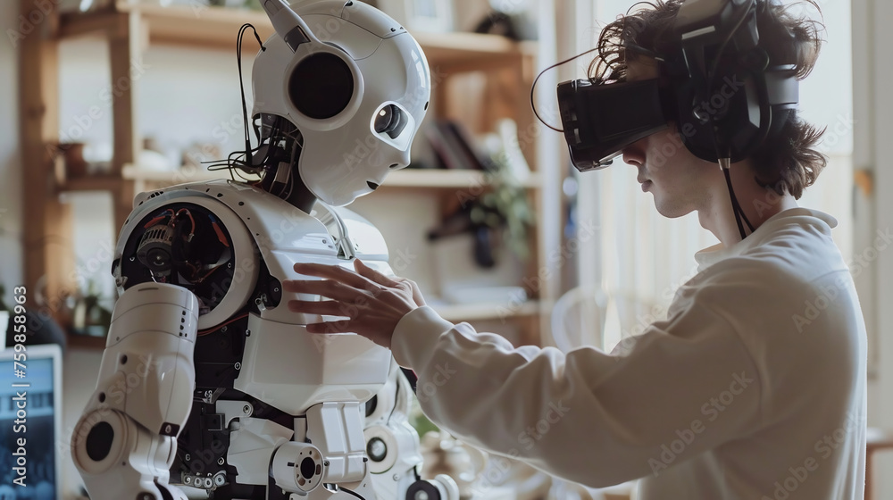 man in viar glasses and robot working together, automation and ...