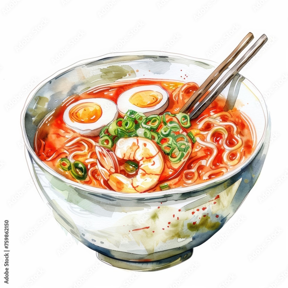 Hand-painted illustration of a bowl of Asian-style spicy ramen with ...