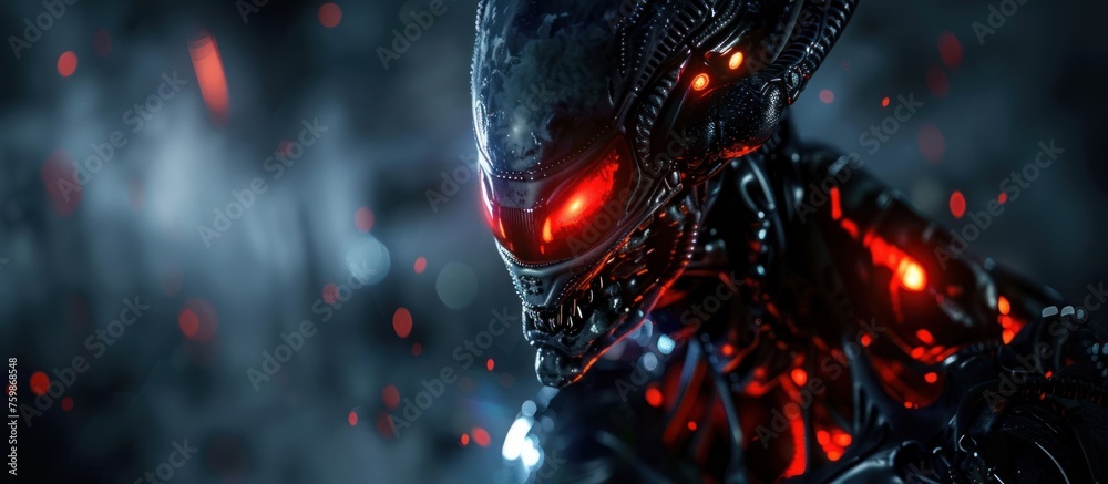 Spooky alien monster with glowing red eyes, movie and film game ...
