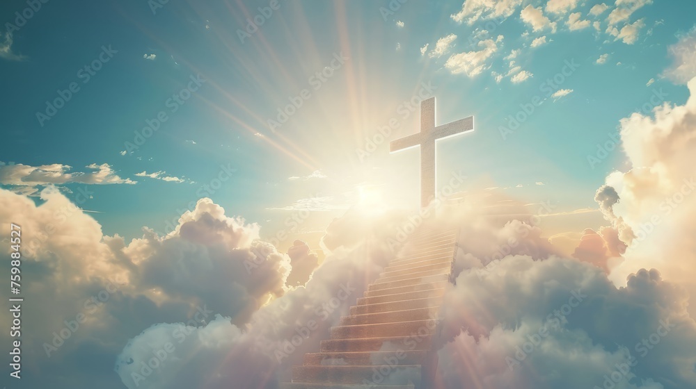 with the Christian cross,Stairway to heaven in heavenly concept ...