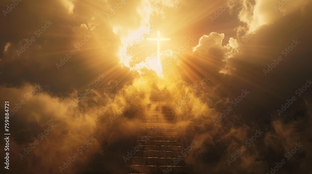 with the Christian cross,Stairway to heaven in heavenly concept ...