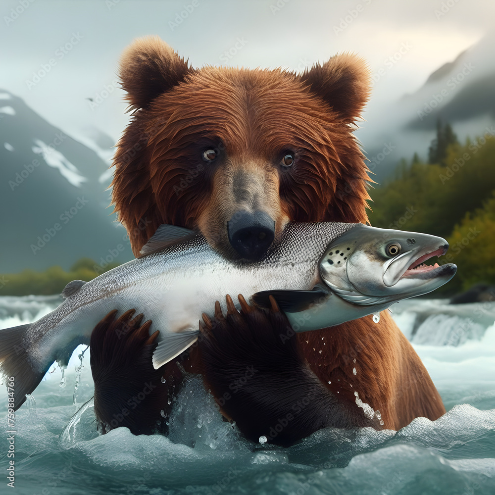 Alaskan Brown Bear with Salmon. brown bear portrait. portrait of a bear. Brown Bear Walking With ...