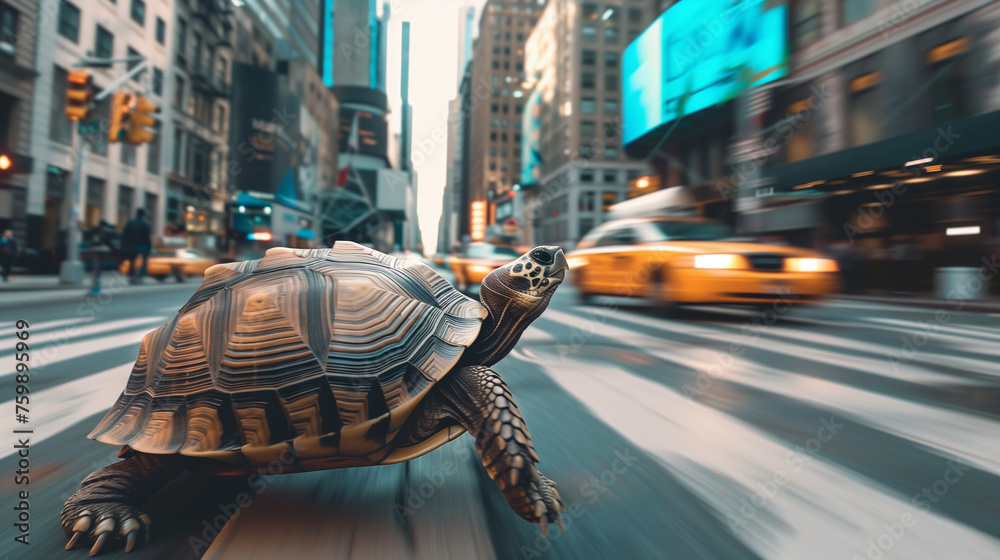 Turtle running extremely fast on busy city street. Side view of Turtle ...