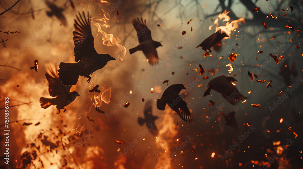 Silhouette of flock of birds are flying through a fire. The scene is ...