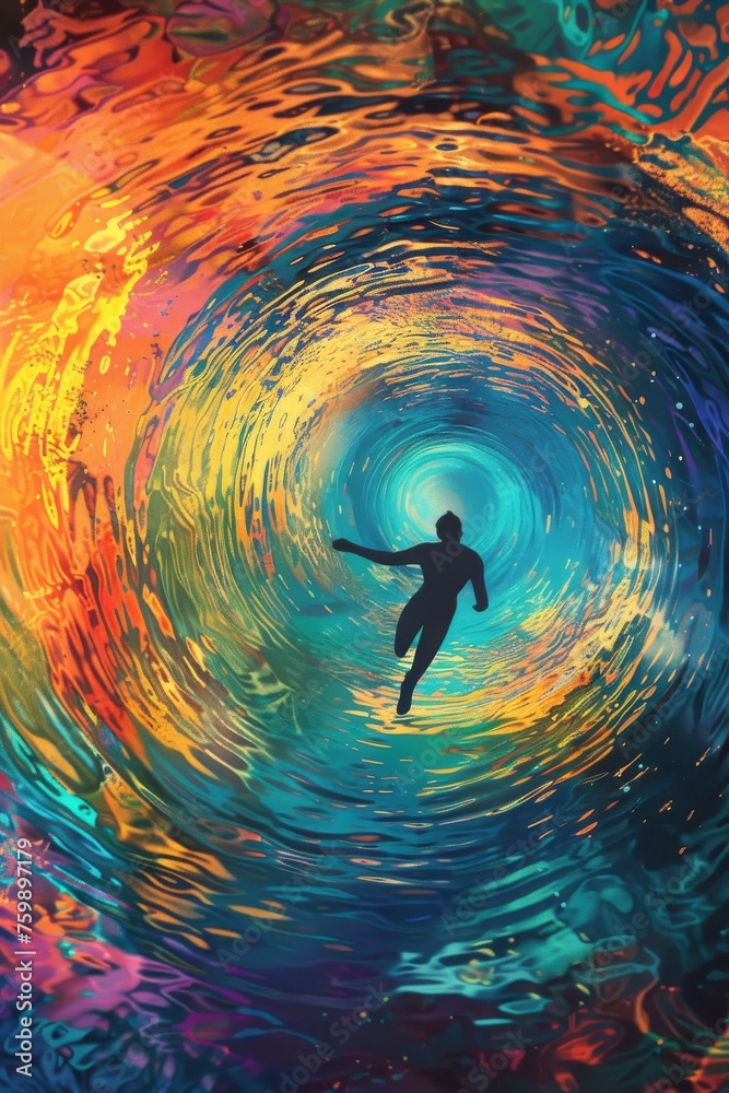 3D animation A person dives headfirst into a swirling vortex of colors ...