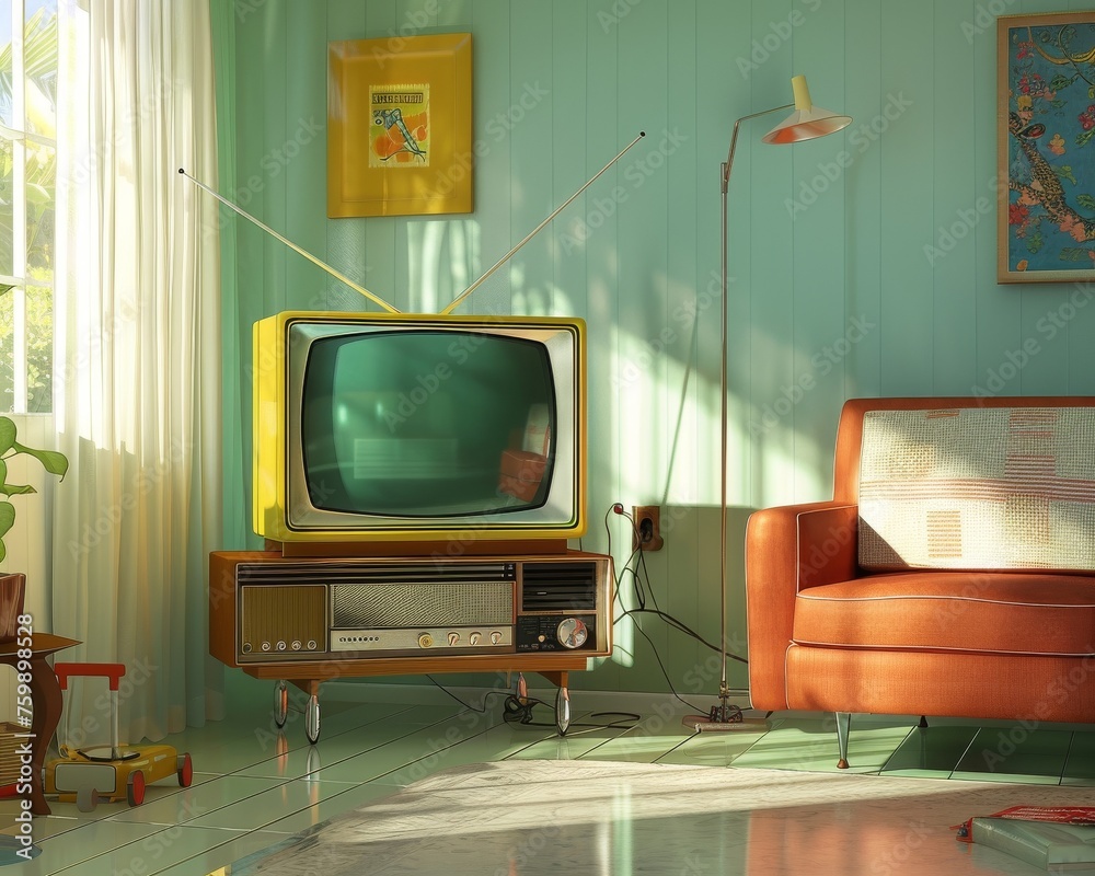 A 3D model of a 1960s television set in a family room, with rabbit ear ...