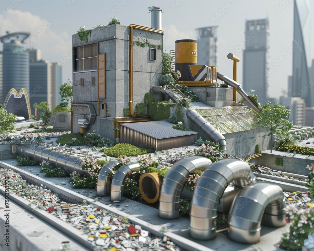 A 3D model of a future city's waste recycling plant, turning trash into energy with zero ...