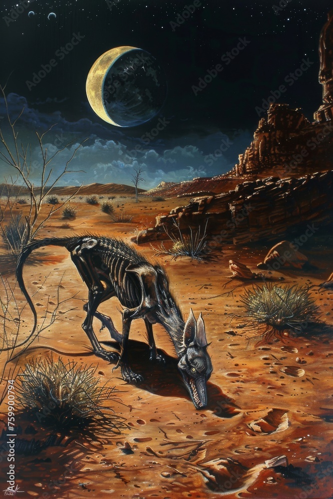 A North American Skinwalker in the desert, changing shapes under the ...