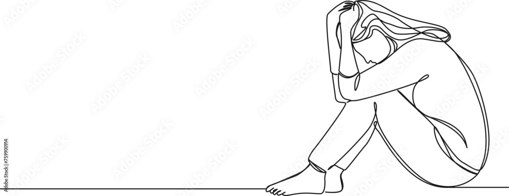 continuous single line drawing of woman in sad mood sitting on floor ...