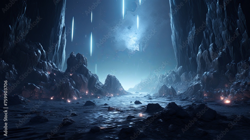 High-detail 3DCG scene of a crystal cave illuminated by the eerie light ...