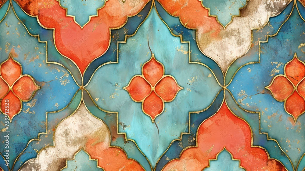 Detailed view of aged ceramic tiles with a traditional floral pattern ...