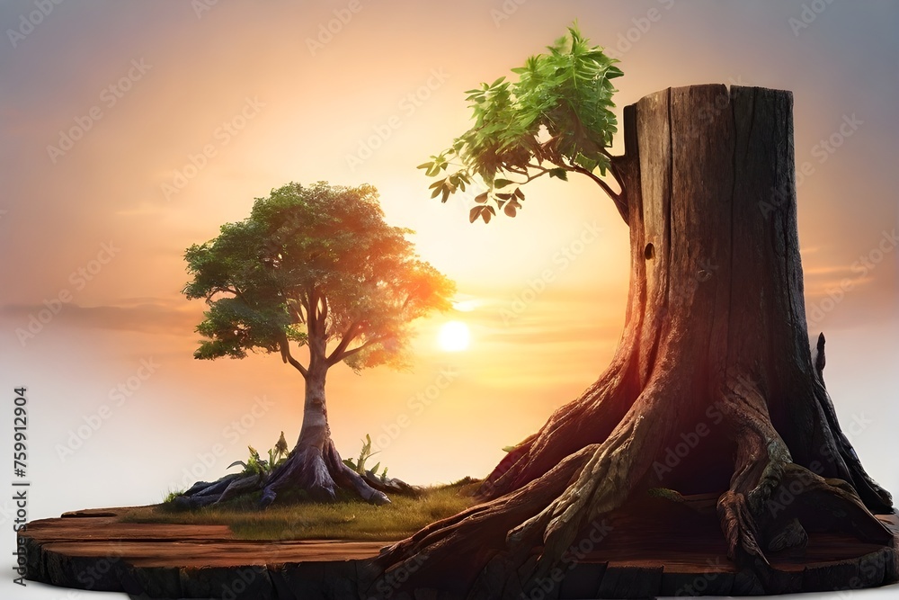 Realistic Young tree emerging from old tree stump with sun light ...