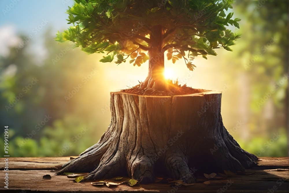 Realistic Young tree emerging from old tree stump with sun light ...