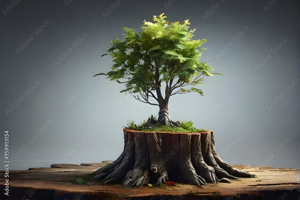 Realistic Young tree emerging from old tree stump with sun light ...