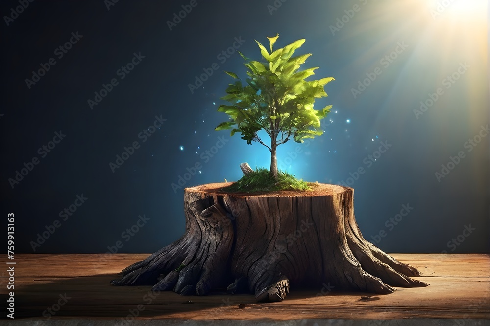 Realistic Young tree emerging from old tree stump with sun light ...