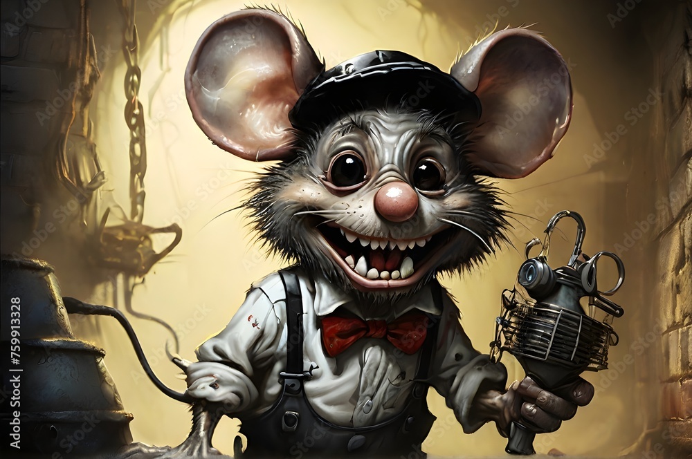Creepy mouse in a suit and bow tie holding a rat trap with big teeth ...