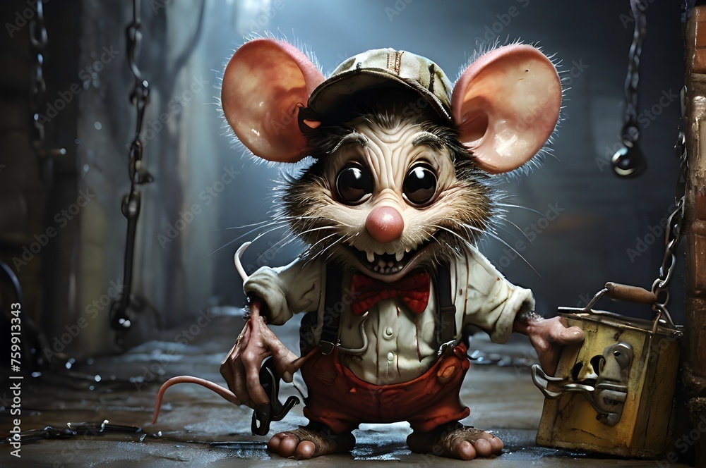 Creepy mouse in a suit and bow tie holding a rat trap with big teeth ...