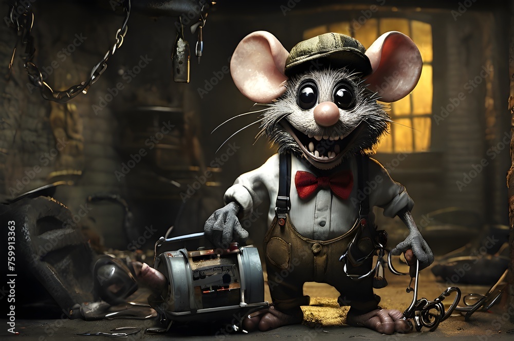 Creepy mouse in a suit and bow tie holding a rat trap with big teeth ...