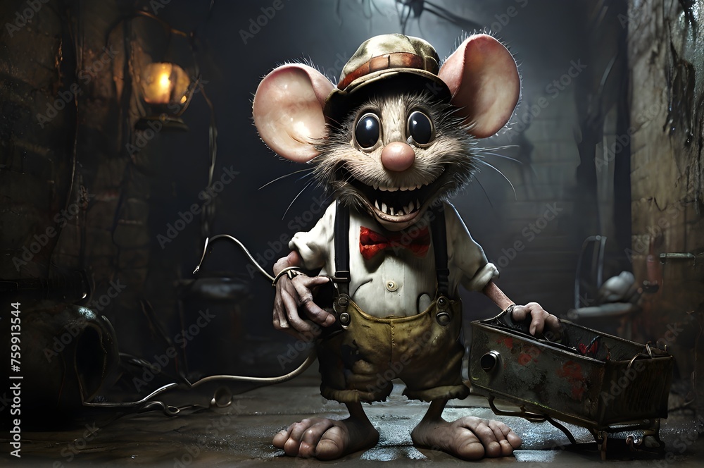 Creepy mouse in a suit and bow tie holding a rat trap with big teeth ...