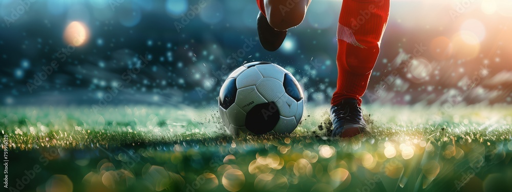 Dynamic shot of soccer player in motion, kicking ball during intense ...