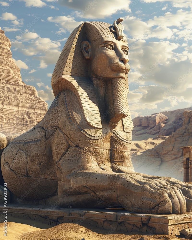 A sphinx posing riddles at the gate of a desert tomb, her enigmatic ...