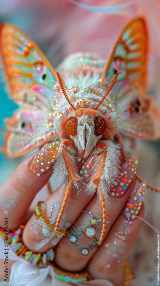 A stunningly intricate moth poses on a decorated hand, with focus on ...