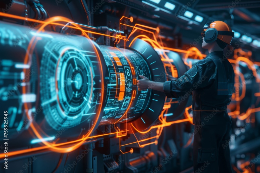 Showcasing predictive maintenance in factories, a factory worker views ...