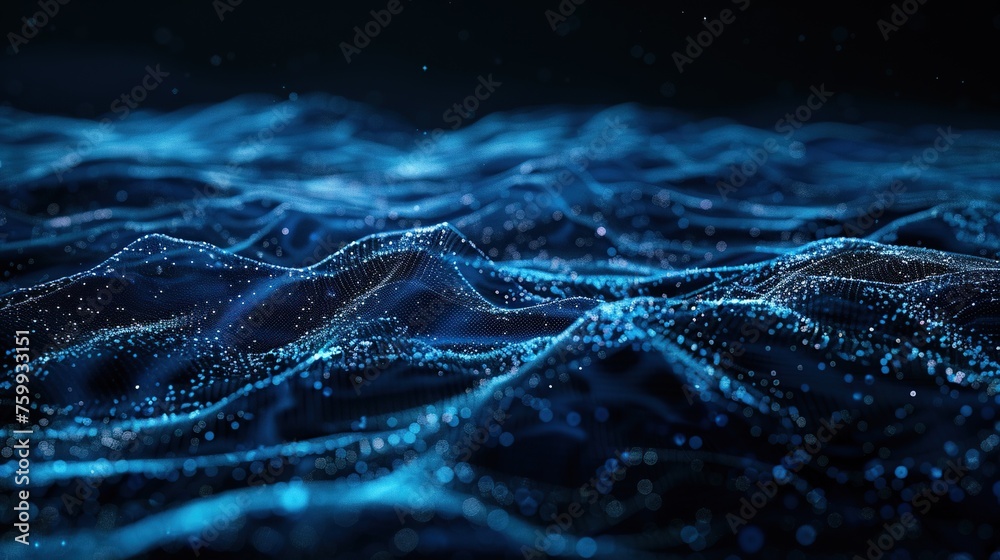 This image portrays a virtual ocean with undulating waves of blue light ...