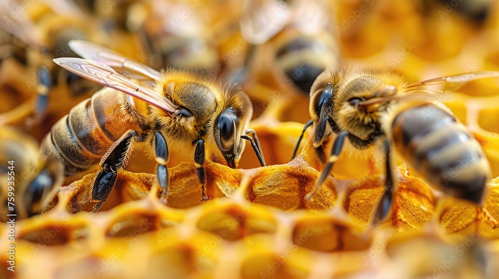 Within the hive's bustling environment, worker honey bees industriously ...