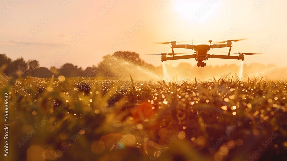 High-tech agricultural drones flying over a vast farm field ...