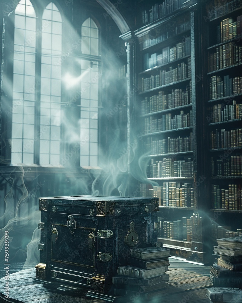 Enigmatic Locked Box, Dusty old library filled with ancient tomes and ...