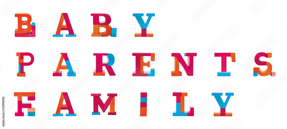 Baby, Parents, Family in modern colors 3D font letter alphabet wooden ...