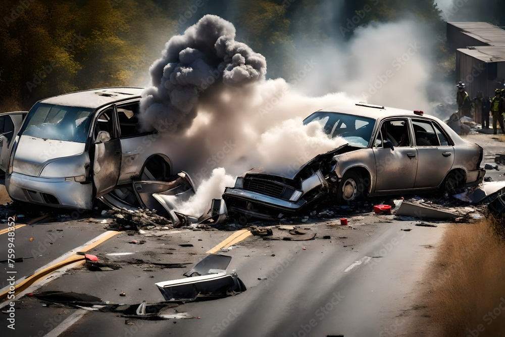A wrecked sedan with smoke billowing from the engine compartment ...