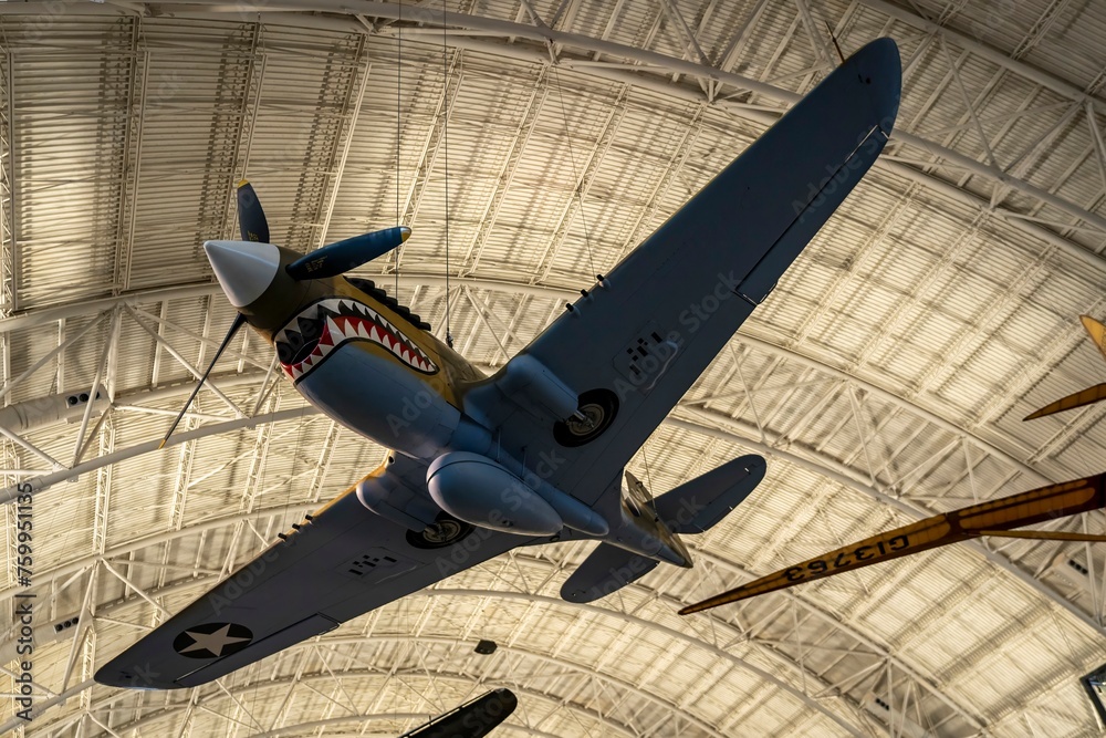 Curtiss P-40B Warhawk Flying Tiger hangs from the ceiling at the Steven ...