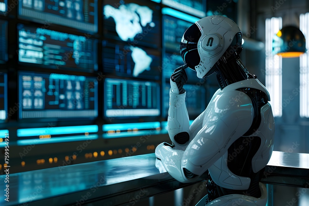 Humanoid Robot Deep in Thought Analyzing Carbon Credits Data on ...