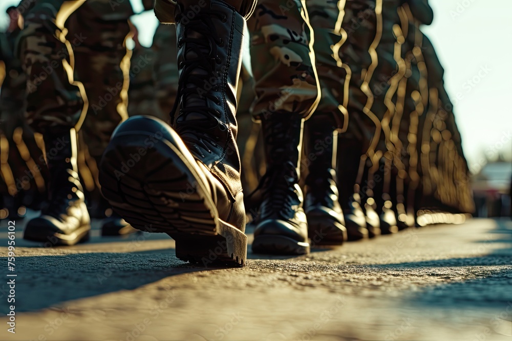 soldier's feet with boots. The military's legs are marching. Close-up ...