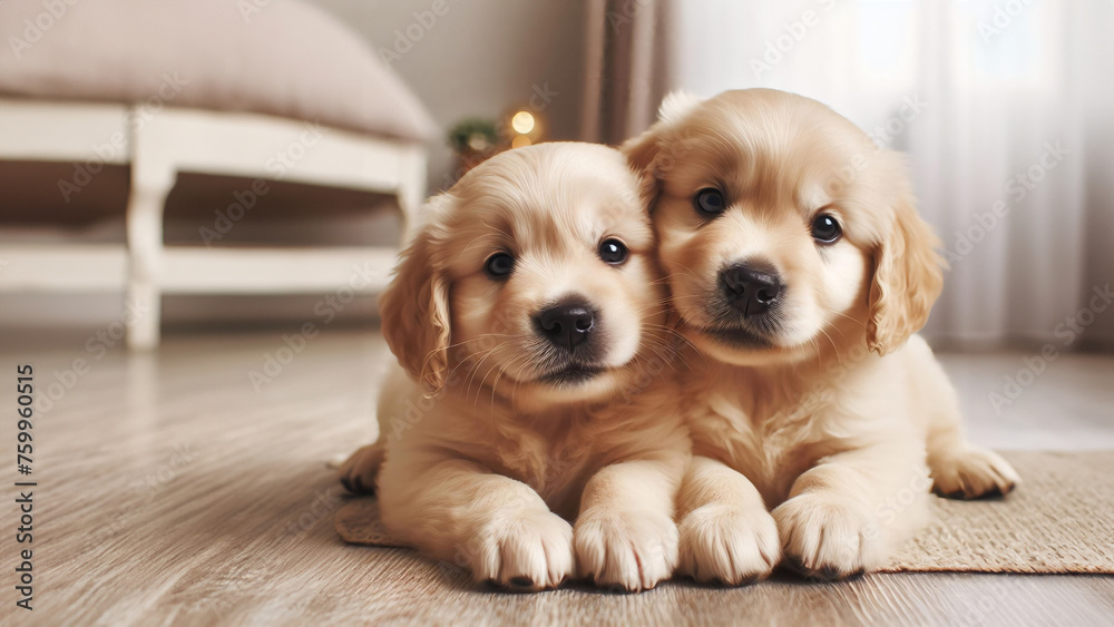Two adorable puppies sit side by side on a paved pathway, their faces ...
