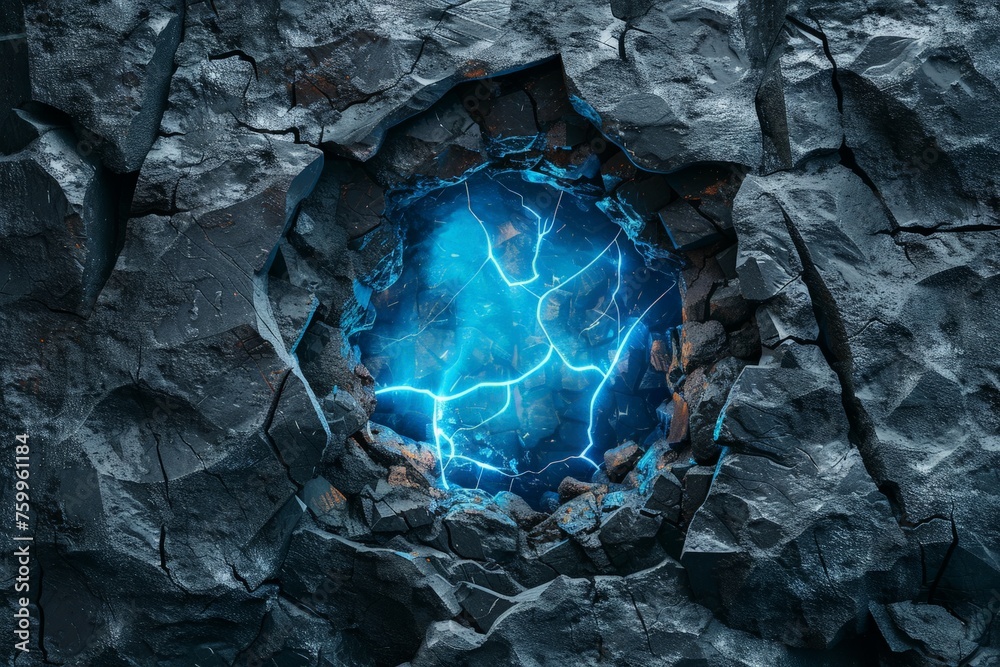 Lightning bolt striking out from a hole in a rocky wall, showcasing the ...