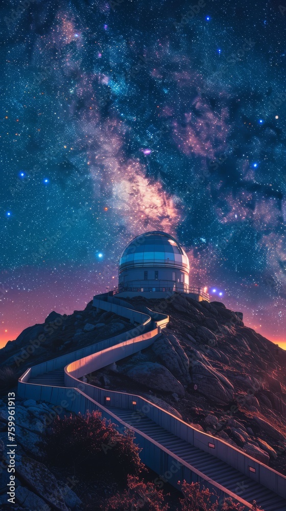Observatory under a starry night sky with a galaxy backdrop, perched ...