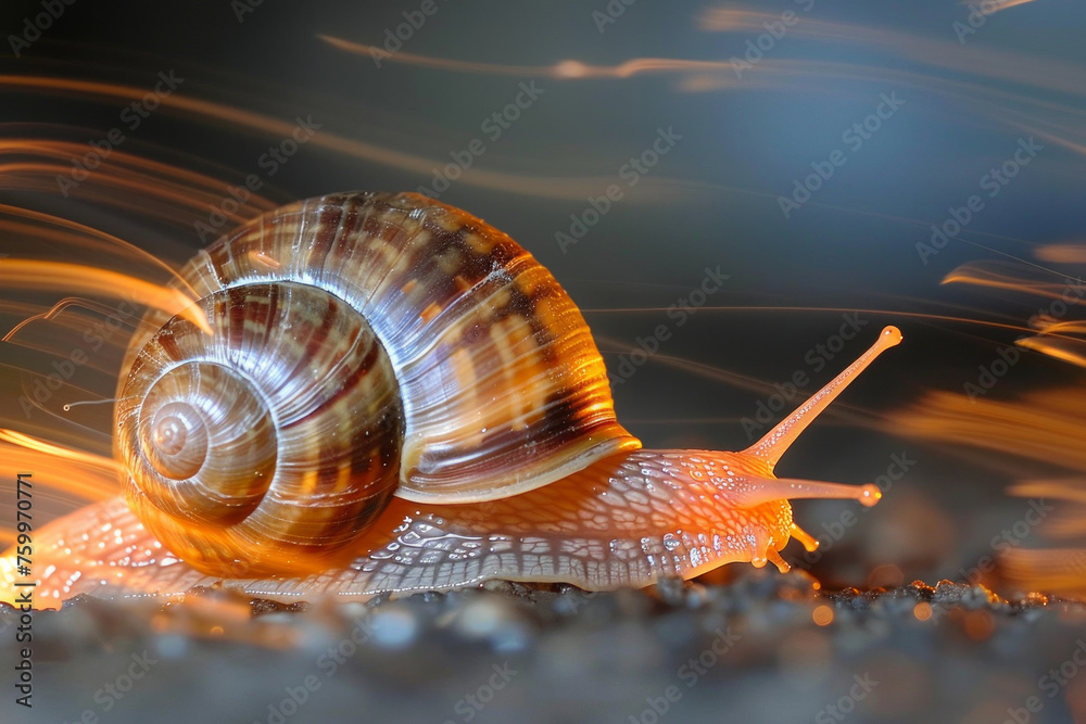 snail in motion, with its shell glowing in the background. movement and ...
