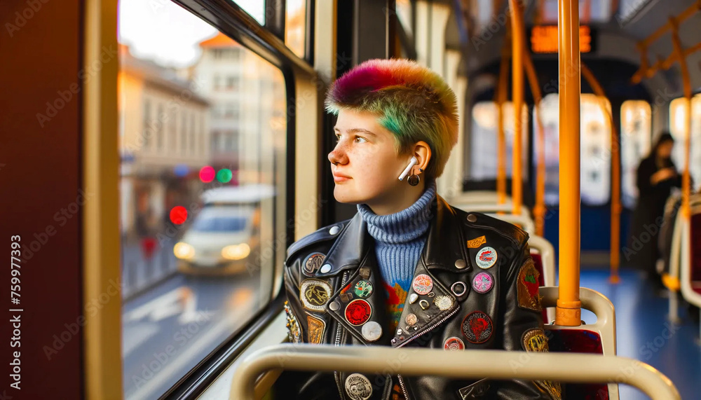 A punk rock teenage emo girl sitting in a bus window seat, gazing out ...