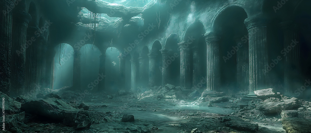 8k_Oceanic Depths: A textured underwater world map with scenes of the ...