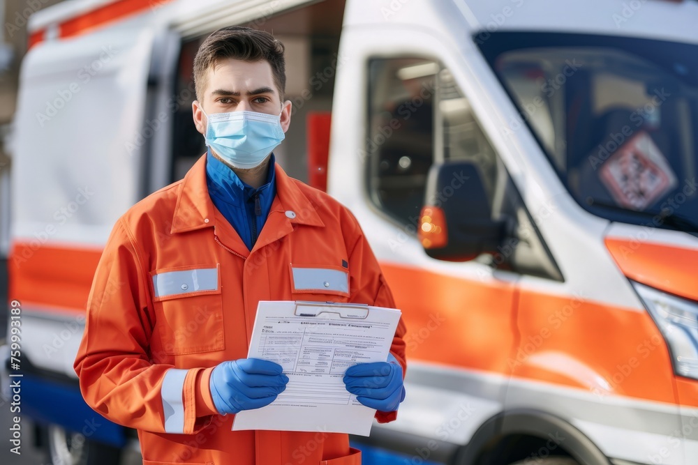 A male EMS key worker in an orange uniform and protective PPE face mask ...