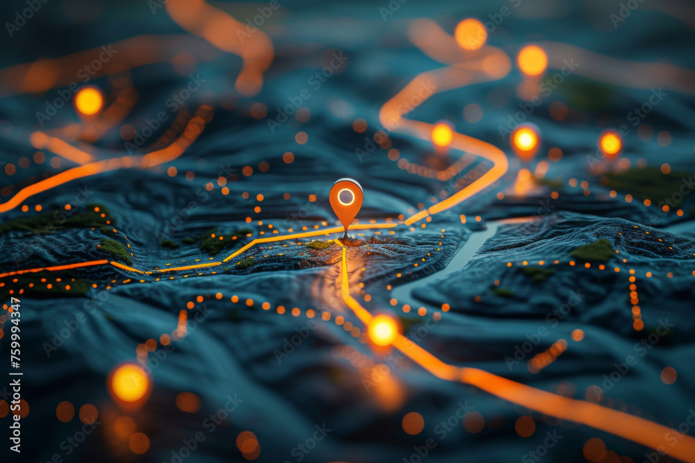 Digital Navigation Map with Glowing Location Pin and Routes Stock ...